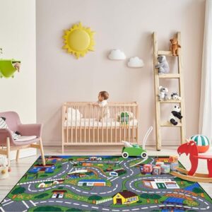 ottomanson jenny collection non-slip rubberback educational town traffic play design 3x5 kid's area rug, 3'3" x 5', green/multicolor