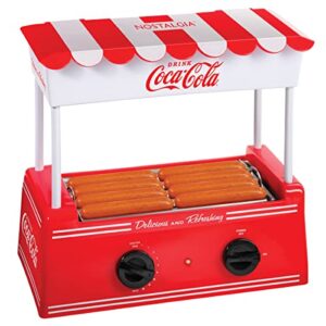 nostalgia coca-cola hot dog roller holds 8 regular sized or 4-foot-long hot dogs and 6 bun capacity, stainless steel rollers, perfect for breakfast sausages, brats, taquitos, egg rolls, red/white