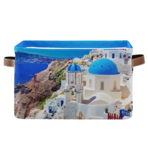 oyihfvs oia town on santorini island greece famous houses and churches 1 pc rectangle storage basket collapsible fabric with leather handles bag organizer clothes for home bedroom 15 x 11 x 9.5 in