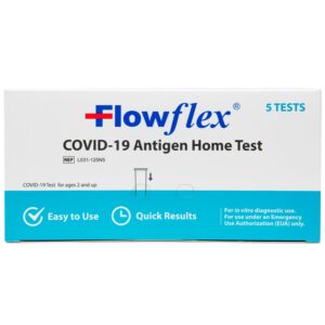 flowflex covid-19 antigen home test kit, 1 pack, 5 tests total. fda eua authorized otc at-home self-test, non-invasive nasal swab, easy to use and no discomfort, results in 15 minutes