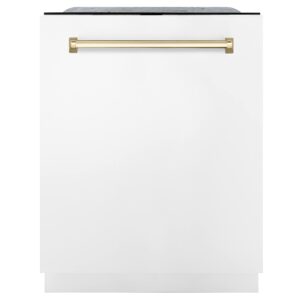 zline autograph edition 24" 3rd rack top touch control tall tub dishwasher in white matte with gold handle, 51dba (dwmtz-wm-24-g)