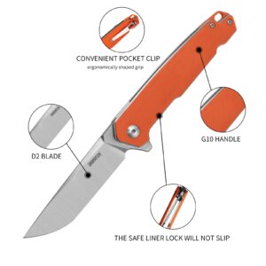 Dispatch D2 Steel Folding Pocket Knife Orange G10 Handle, Bearing Flipper Liner Lock for Survival, Hunting, Tactical, Outdoor Camping EDC