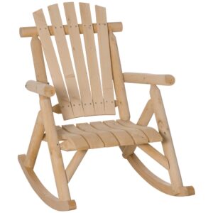 outsunny outdoor wooden rocking chair, single-person rustic adirondack rocker with slatted seat, high backrest, armrests for patio, garden and porch, natural