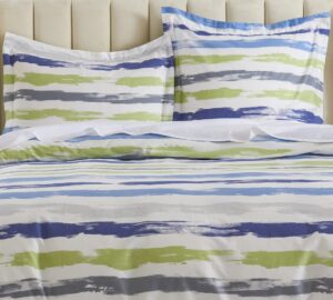 dauaoto queen size 90"x90" duvet cover set, print cotton teens kids bedding, green blue striped