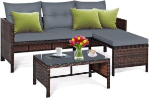 luarane patio corner sofa set, 3-piece outdoor patio conversation furniture sets, with lounge chair, double chair and coffee table, patio garden poolside lawn backyard furniture (grey)