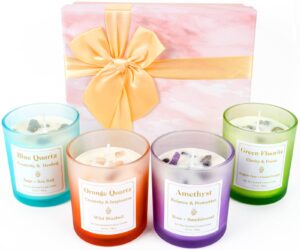 scented candles with healing crystals, set of 4 candle with crystals and healing stones, candle clearance gifts for women, rose sage amethyst wax candles, bathroom candles for relaxation