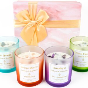 Scented Candles with Healing Crystals, Set of 4 Candle with Crystals and Healing Stones, Candle Clearance Gifts for Women, Rose Sage Amethyst Wax Candles, Bathroom Candles for Relaxation