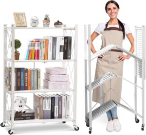 4-shelf general purpose collapsible/foldable shelving unit, sturdy storage rack with caster wheels. 4-tier organizer, laundry/kitchen storage shelves, heavy duty metal frame, no assemble needed, white