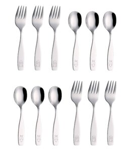 annova kids silverware 12 pieces children's safe flatware set stainless steel - 6 x safe forks, 6 x children dinner spoons, toddler utensils, metal cutlery set for lunchbox (engraved dog bunny) (12fs)