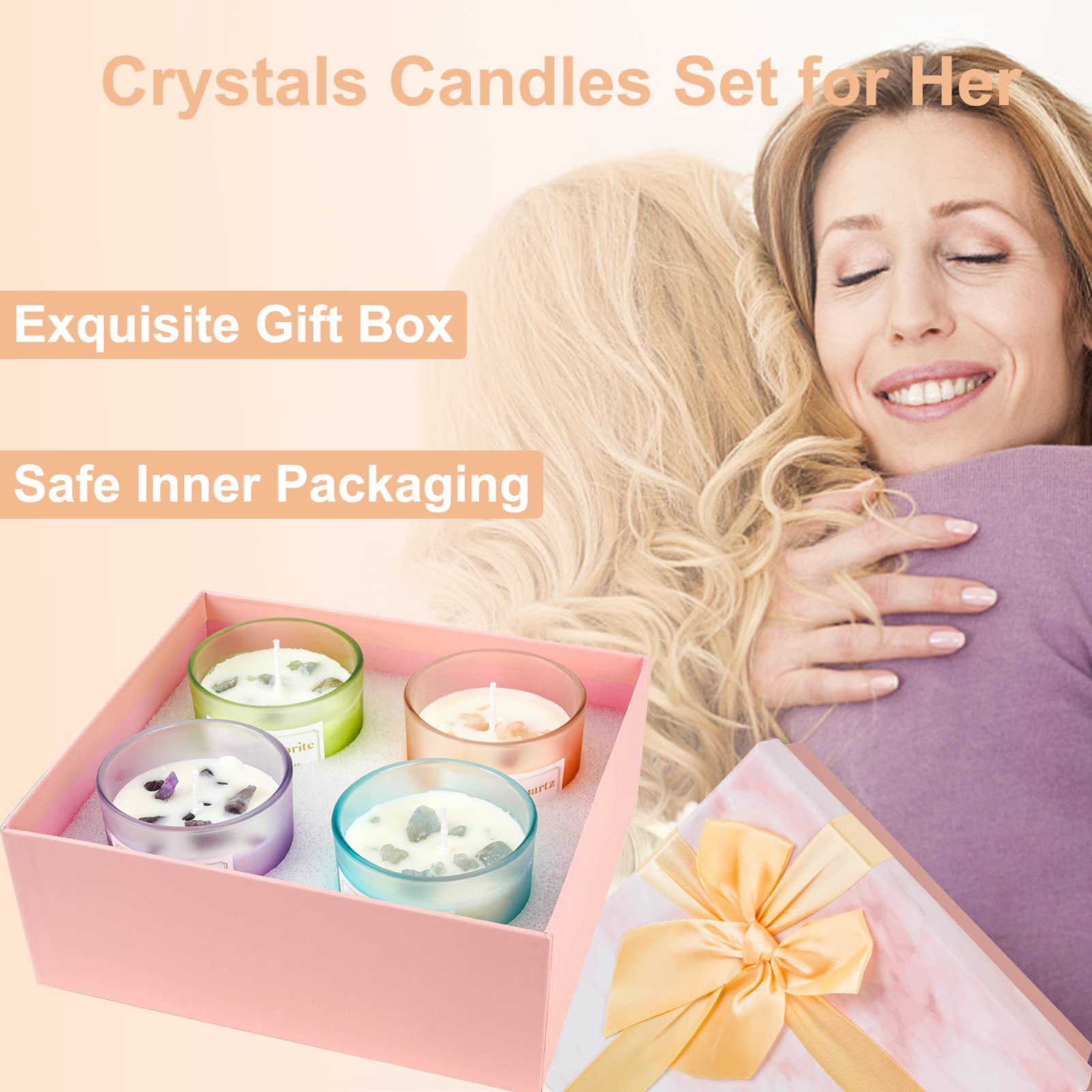 Scented Candles with Healing Crystals, Set of 4 Candle with Crystals and Healing Stones, Candle Clearance Gifts for Women, Rose Sage Amethyst Wax Candles, Bathroom Candles for Relaxation