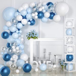 Blue Balloon Garland Arch Kit 122 PCS Metallic Blue White and Silver Confetti Latex Balloons for Baby Shower Bridal Shower Birthday Wedding Bachelorette Anniversary Party Decorations