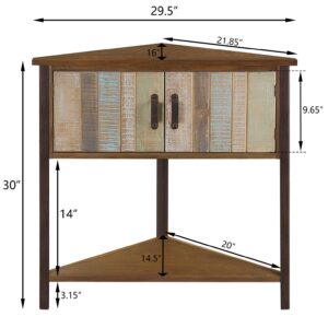 Giofanzo Corner Tables for Living Room, Small Corner Table with Storage Cabinet Table Corner Bar Accent Cabinet with Solid Wood and Metal Frame, Hand-Made Unique Corner Table（Natural Blue）