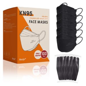 borje kn95 face masks, 100 pcs disposable face masks, black mask against pm2.5 from fire smoke & dust filter efficiency 95%