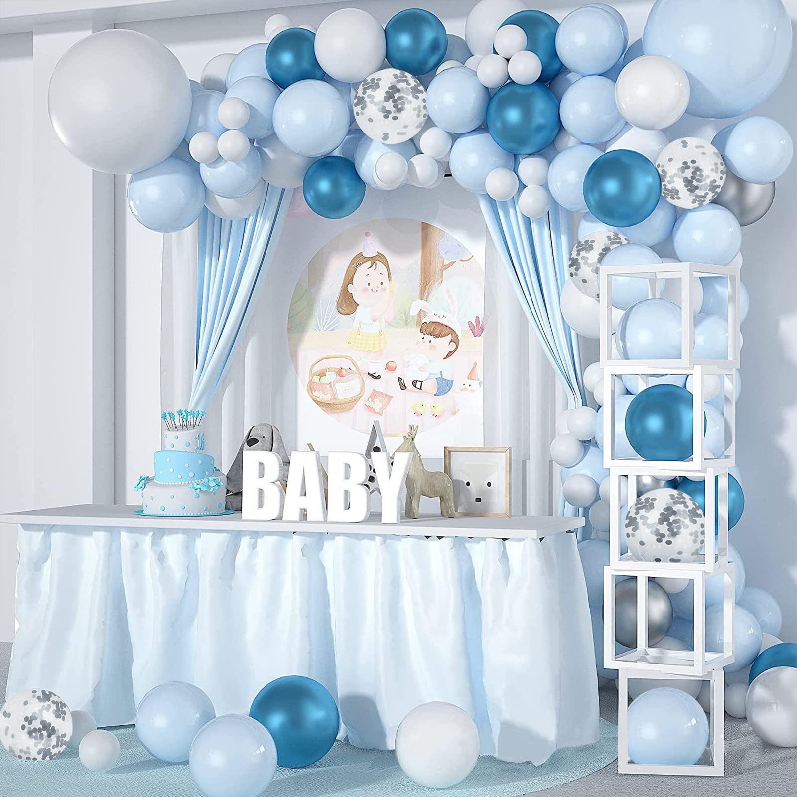 Blue Balloon Garland Arch Kit 122 PCS Metallic Blue White and Silver Confetti Latex Balloons for Baby Shower Bridal Shower Birthday Wedding Bachelorette Anniversary Party Decorations