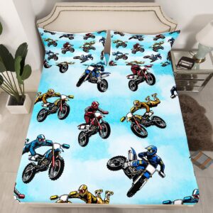 erosebridal dirt bike bed sheet twin size, extreme sport fitted sheet for kids boys teens, motorbike sport bedding set motocross rider bedding decor set 2 pieces with 1 pillow case, blue