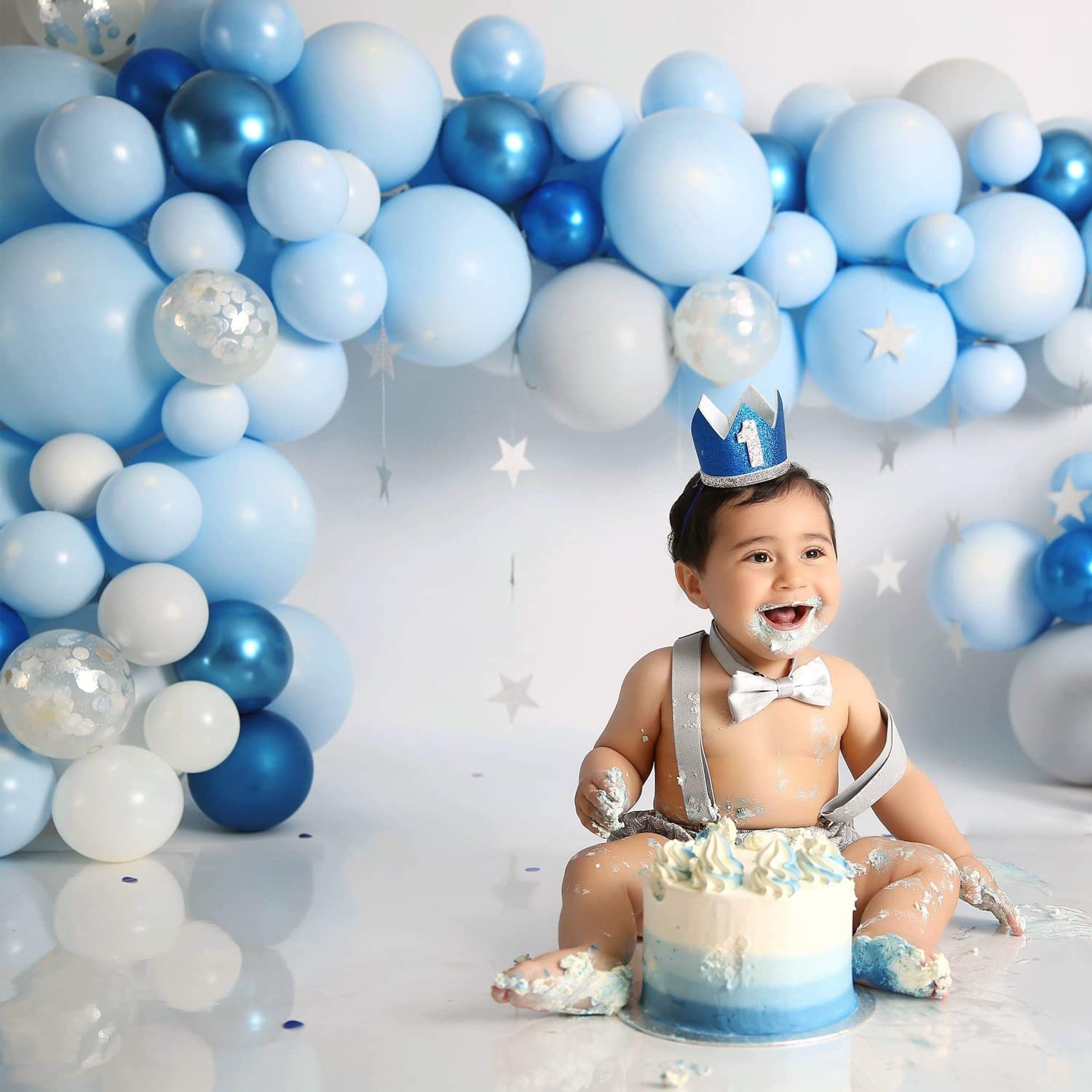 Blue Balloon Garland Arch Kit 122 PCS Metallic Blue White and Silver Confetti Latex Balloons for Baby Shower Bridal Shower Birthday Wedding Bachelorette Anniversary Party Decorations