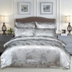 beirty duvet cover set satin silk blanket all season bed duvet cover queen set royal silver bedspread luxury jacquard quilt bedding sets matching 2 pillow shams (king)