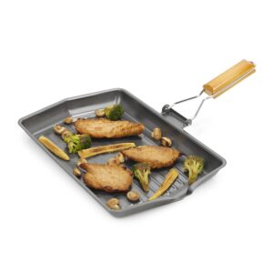 homiu griddle pan plate carbon steel with non-stick ridge surfaces frying pans with folding handle for stoves and grills (large rectangular pan)