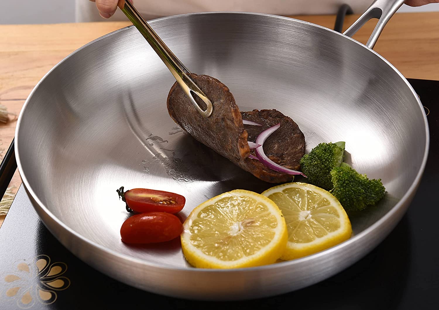 LOLYKITCH 12 Inch Tri-Ply Stainless Steel Frying Pan,Skillet,Induction Cooking Pan,Dishwasher and Oven Safe,Heavy Duty and Detachable Handle.