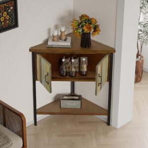 Giofanzo Corner Tables for Living Room, Small Corner Table with Storage Cabinet Table Corner Bar Accent Cabinet with Solid Wood and Metal Frame, Hand-Made Unique Corner Table（Natural Blue）