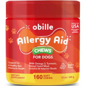 obille allergy aid for dogs 160 chews 12 oz – relieves itchy skin, healthy coat, safe natural ingredients, antioxidant immunity booster with omega3 & turmeric