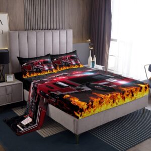 erosebridal firefighter car sheet set fire truck bed sheets queen black red honeycomb sheets for teenagers young man kids boys home bedroom,soft cozy(1 flat sheet, 1 fitted sheet, 2 pillowcases)