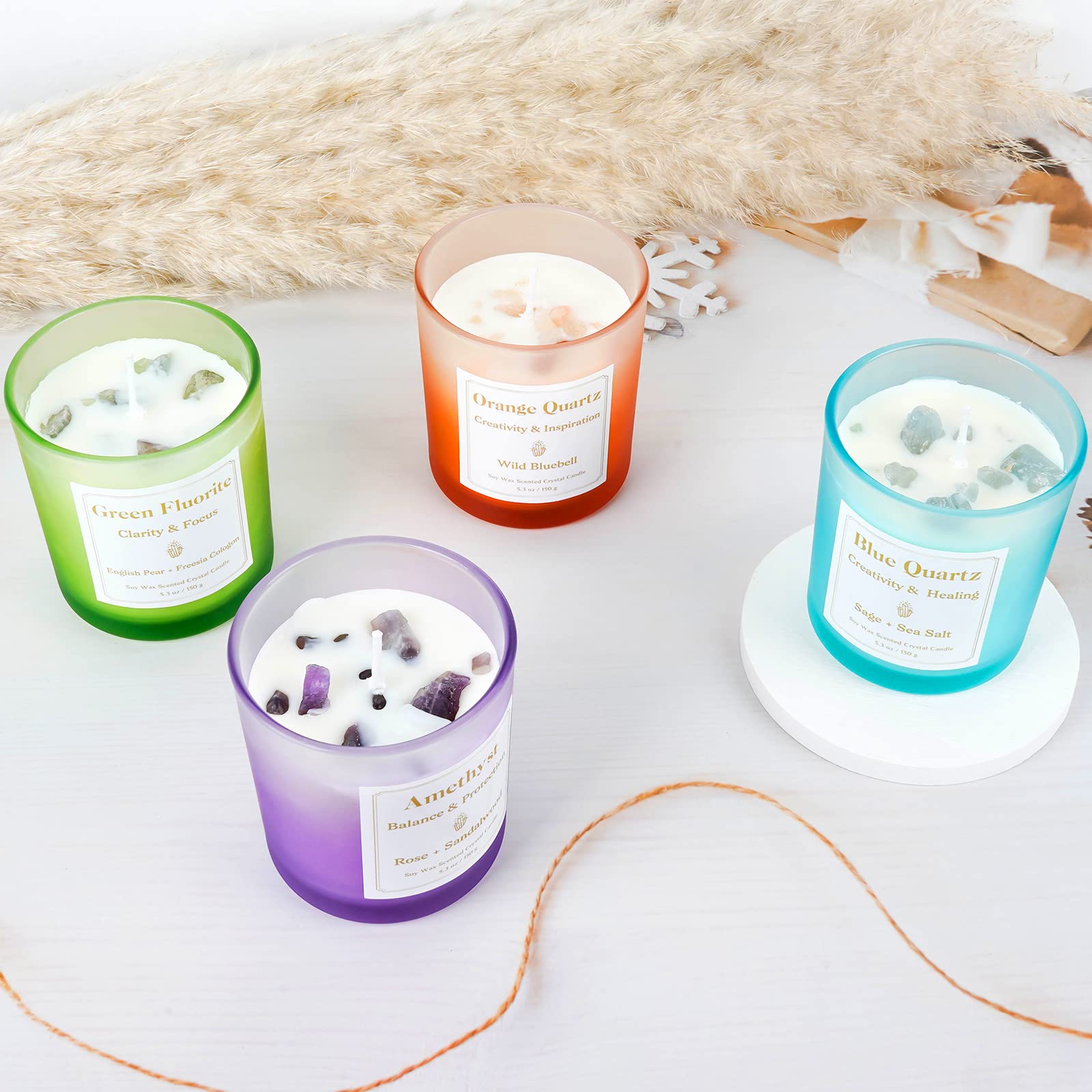 Scented Candles with Healing Crystals, Set of 4 Candle with Crystals and Healing Stones, Candle Clearance Gifts for Women, Rose Sage Amethyst Wax Candles, Bathroom Candles for Relaxation