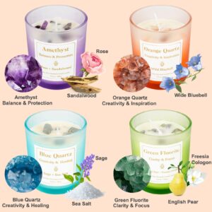 Scented Candles with Healing Crystals, Set of 4 Candle with Crystals and Healing Stones, Candle Clearance Gifts for Women, Rose Sage Amethyst Wax Candles, Bathroom Candles for Relaxation