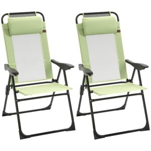 outsunny folding patio chairs set of 2, outdoor deck chair with adjustable sling back, camping chair with removable headrest for garden, backyard, lawn, green