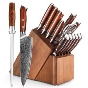 xinzuo damascus 15-pc kitchen knife set with acacia wood knife block, 67 layers damascus steel sharp professional cooking knife set -multifunctional kitchen shears and honing steel -rosewood handle