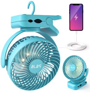 camping fan with led light - 12000mah 65hrs battery powered, portable rechargeable, use as power bank, clip on, tent fan for camping, camp fan for tent, ceiling fan for tent rv bed, blue