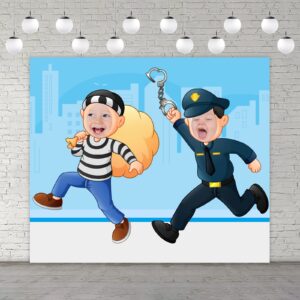 policeman and thieves banner backdrop background pretend play party game photo booth props cops and thieves theme decor graduation 1st birthday party baby shower favors supplies decorations, multi