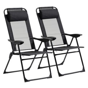 outsunny folding patio chairs set of 2, outdoor deck chair with adjustable sling back, camping chair with removable headrest for garden, backyard, lawn, black