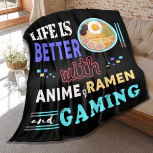 ramen noodle blanket throw,life is better with gaming ramen anime gifts for kids boys men soft lightweight plush fleece quilt 50 in x 40 in small for kids