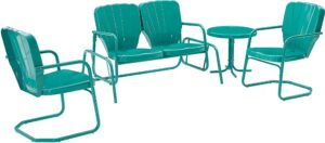 crosley furniture ridgeland 4-piece retro metal outdoor loveseat glider patio furniture set for porch, deck, turquoise gloss