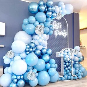 Blue Balloon Garland Arch Kit 122 PCS Metallic Blue White and Silver Confetti Latex Balloons for Baby Shower Bridal Shower Birthday Wedding Bachelorette Anniversary Party Decorations