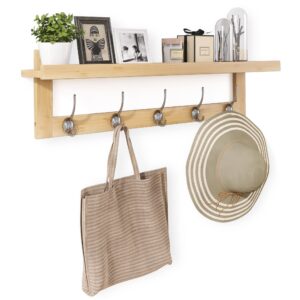 smibuy coat hooks with shelf wall-mounted, 29.2 inch entryway coat rack for wall, bamboo hanging shelf with 5 double metal hooks for bathroom, bedroom, kitchen, living room, mudroom (natural)