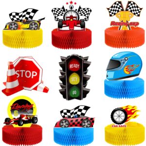 zonon 9 piece race car party decorations race car honeycomb centerpiece let's go racing theme party cake ball table topper 3d race car paper centerpiece for birthday party baby shower supplies