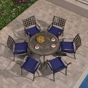 purple leaf outdoor dining set cast aluminum 7-piece patio furniture set with 6 dining armchairs and 47" round table, 6 cushions included, for lawn yard garden, lattice navy blue patio dining set