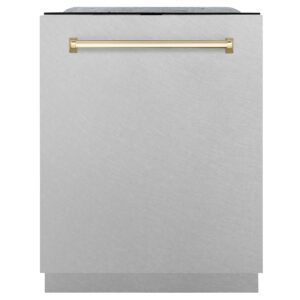 zline autograph edition 24" 3rd rack top touch control tall tub dishwasher in fingerprint resistant stainless steel with gold handle, 45dba (dwmtz-sn-24-g)