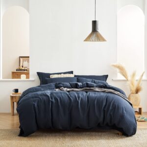 linen duvet cover queen linen bedding 100% french natural flax with stone washed ykk zipper closure high thread counts (1 duvet cover 2 pillow shams queen navy)