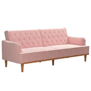 mr. kate stella 80 inch futon sofa bed in velvet fabric, modern upholstered couch sleeper with button tufted back and wood trim, pink