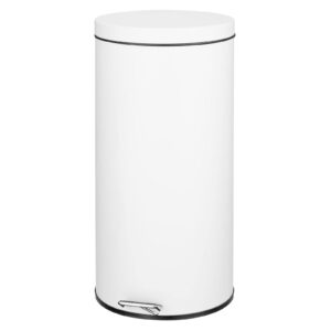 mdesign tall 30 liter / 7 gallon large round metal lidded step trash can, thin compact garbage bin with removable liner bucket for bathroom, kitchen, craft room, office, garage - white