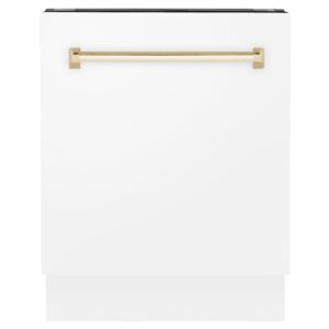 zline autograph edition 24" 3rd rack top control tall tub dishwasher in white matte with gold handle, 51dba (dwvz-wm-24-g)