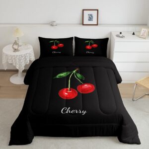 homewish cherry comforter set queen size,tropical fruit bedding set 3pcs for kids teens adult room decor, solid black background quilt set concise vintage duvet insert with 2 pillowcases