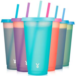 meoky plastic cute cold cups with lids and straws bulk for iced coffee - 6 pack 24 oz color changing reusable for adults kid women party