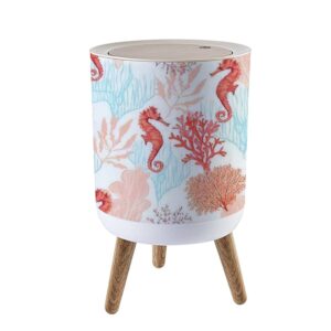 small trash can with lid beautiful seamless tropical with corals sea horse abstract geometric round recycle bin press top dog proof wastebasket for kitchen bathroom bedroom office 7l/1.8 gallon