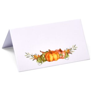 100 pack thanksgiving place cards with pumpkins and fall leaves seating harvest name card table setting folded paper autumn tent cards for dinner wedding tables placement party decorations 2" x 3.5"