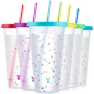 meoky confetti color changing cups with lids and straws for iced coffee, party, pool - 6 pack 24oz reusable plastic tumblers for kids and adults