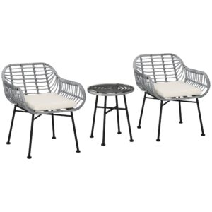 outsunny 3 piece patio set, outdoor bistro furniture, pe rattan wicker table and chairs, cushioned, hand woven, modern look with tempered glass for garden, porch, pool, backyard, cream white